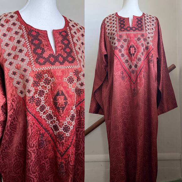 Unbranded | Dresses | Vintage Hand Embroidered Rust Red Maxi Dress ...